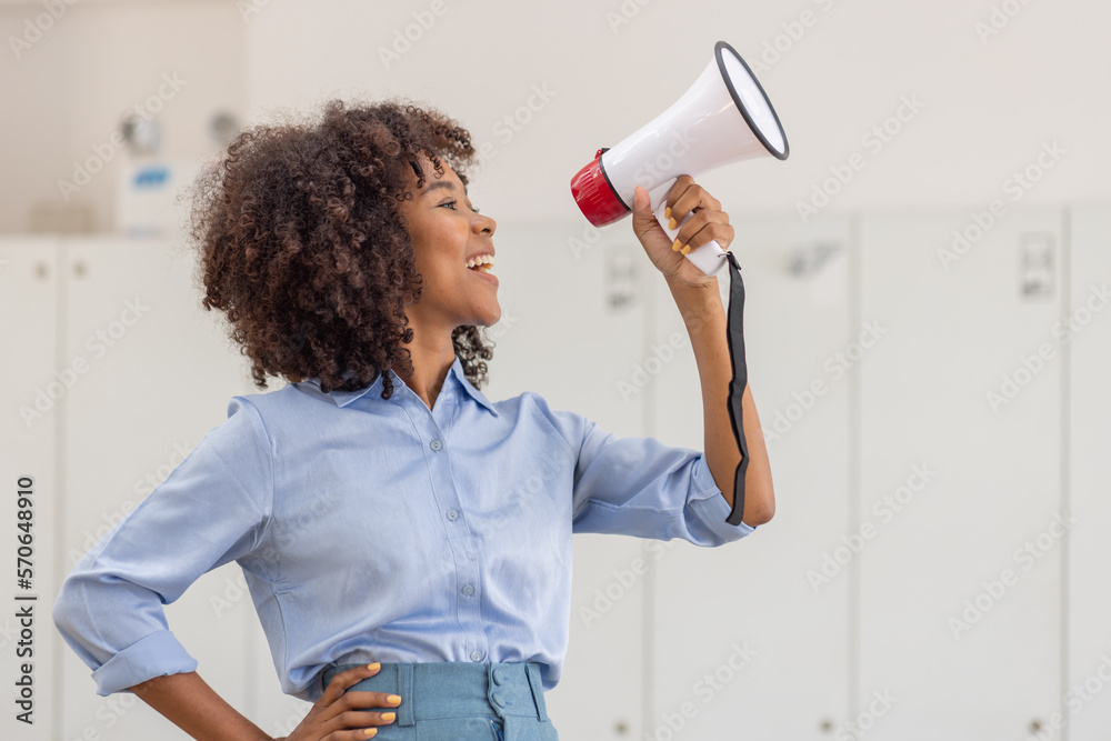 Business black african woman shouting on the megaphone. making Comment ...