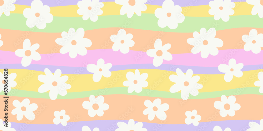 Trendy floral seamless pattern illustration. Vintage 70s style hippie ...