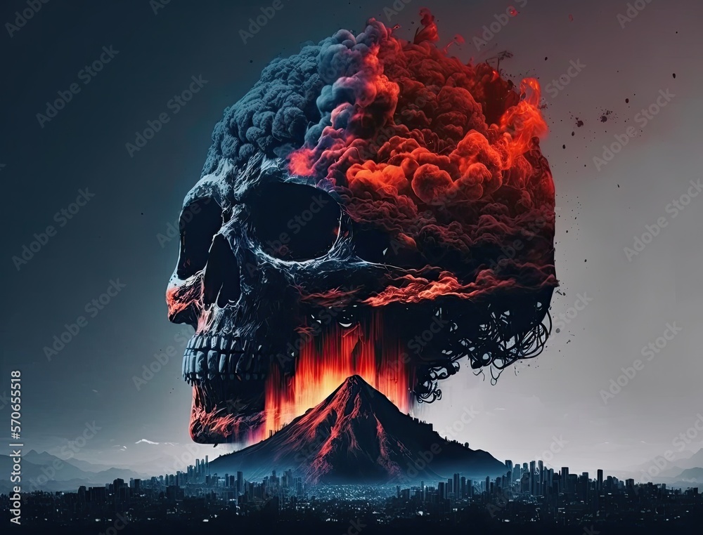 Volcanic eruption with thick smoke with ominous skull threat of death ...