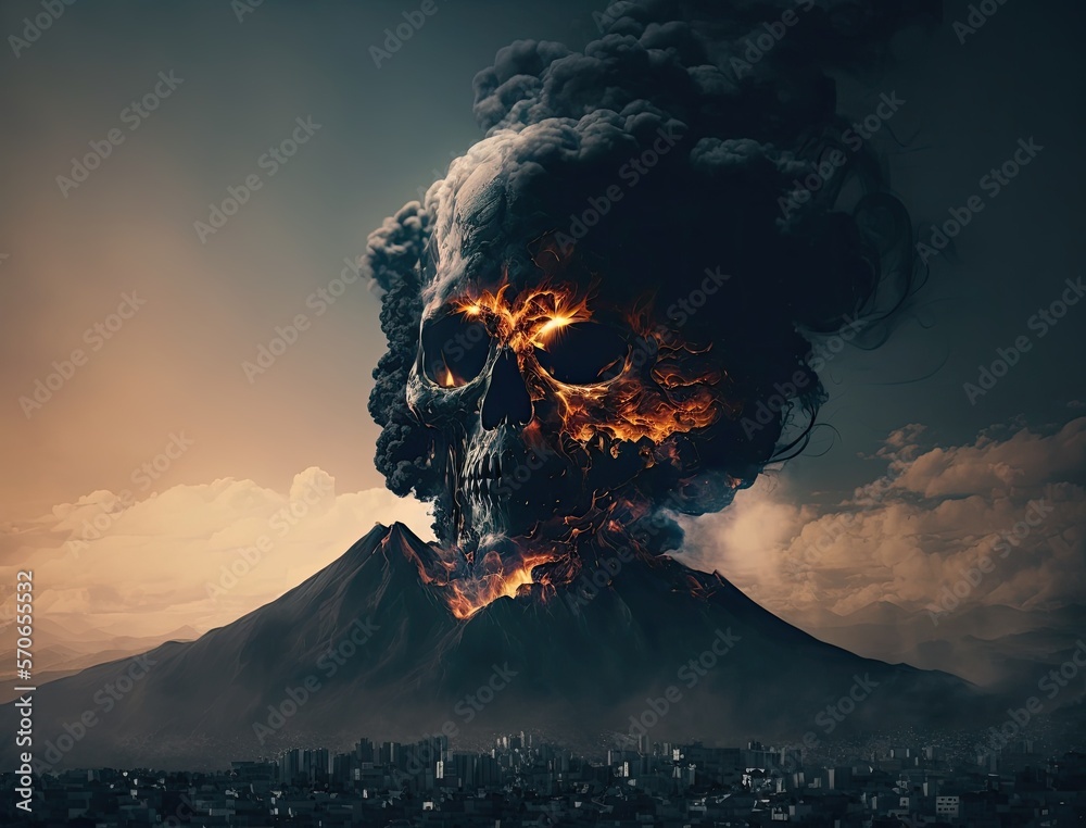 Volcanic eruption with thick smoke with ominous skull threat of death ...