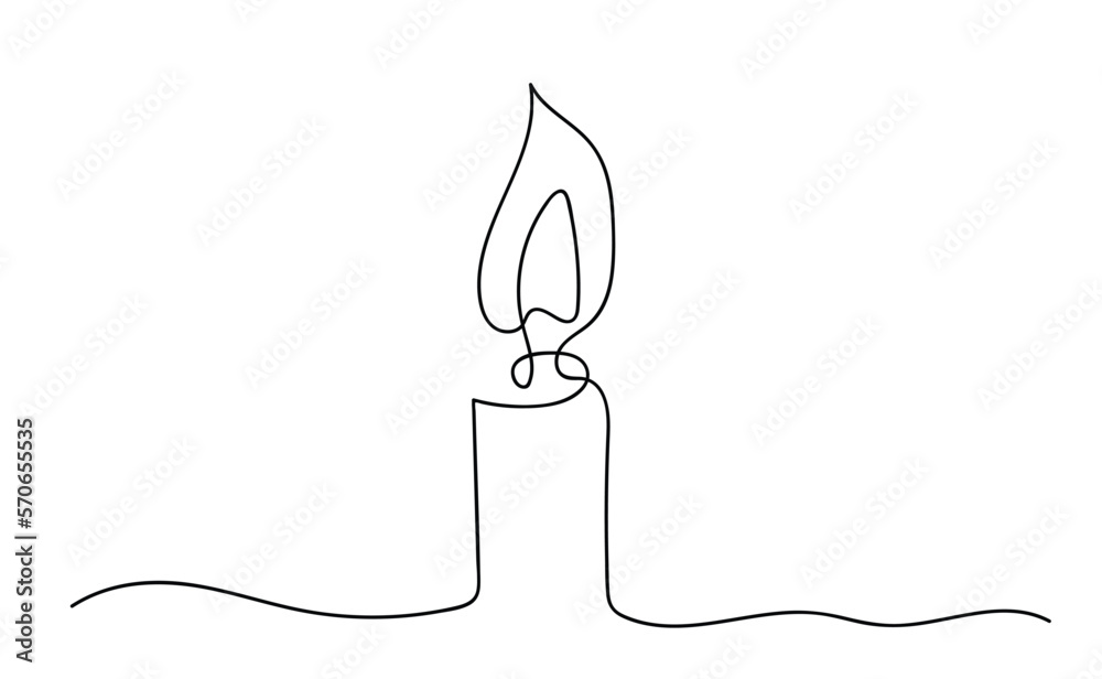 Continuous one line drawing candle burning flame. Black contour line ...