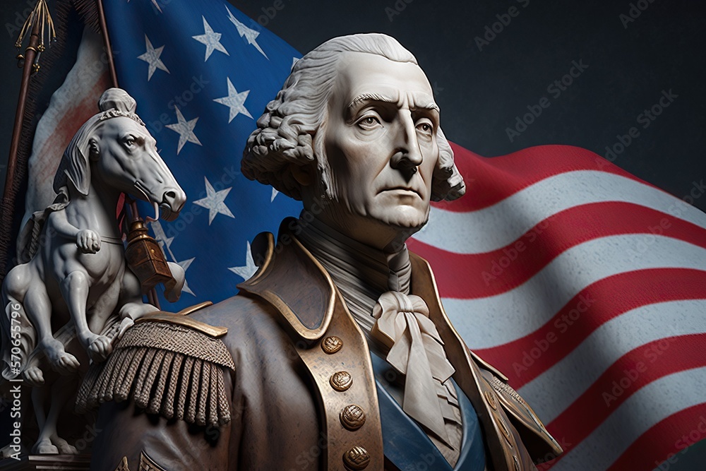 Gypsum statue of George Washington ,american flag on the background ...