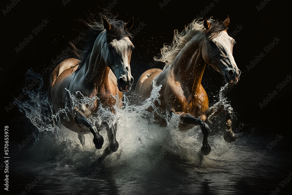 Galloping horses jumping over the camera in a river Generative AI Stock ...