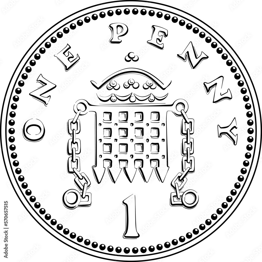Vector British Money Bronze Coin One Penny Crowned Portcullis With vector-british-money-bronze-coin-one-penny-crowned-portcullis-with