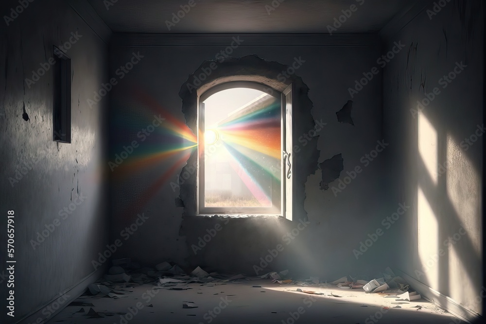 A Window of hope, represented with an intense multicolor light entering ...