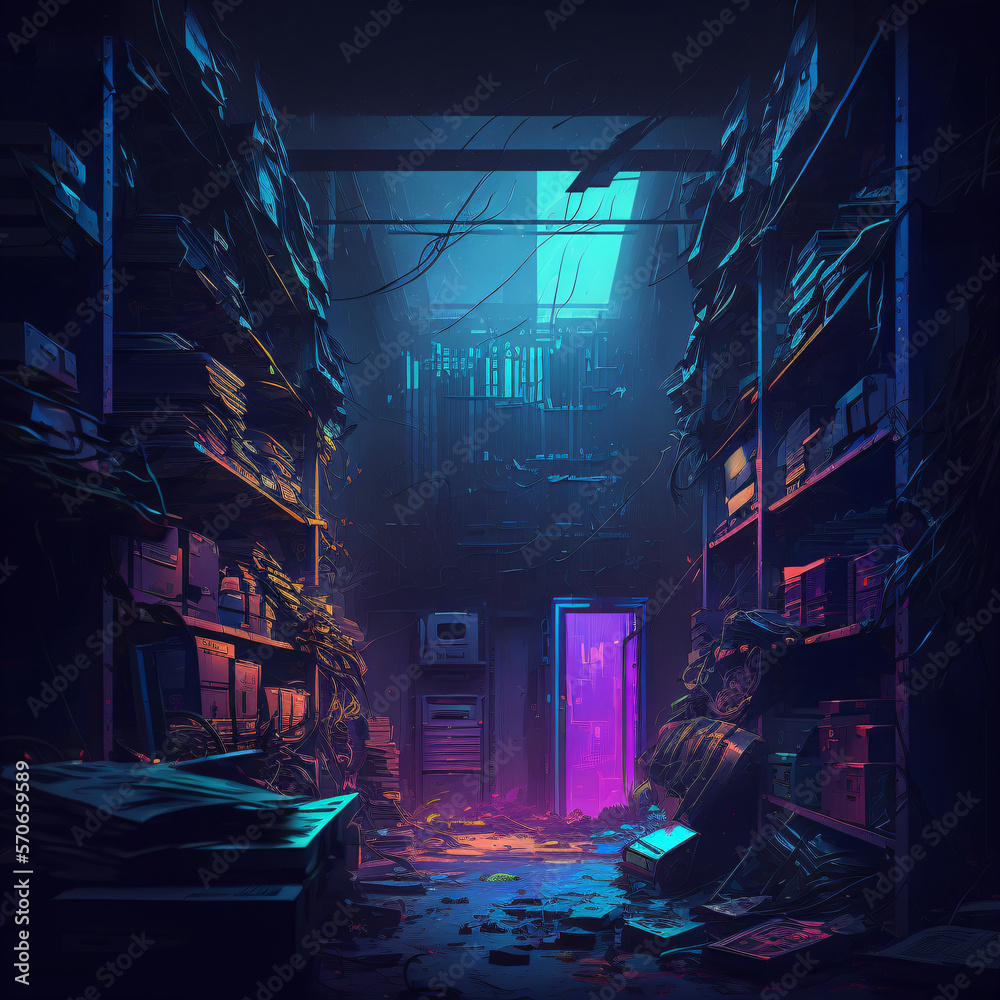 pink and blue neon lights on a destroyed warehouse. neo-noir pink and ...