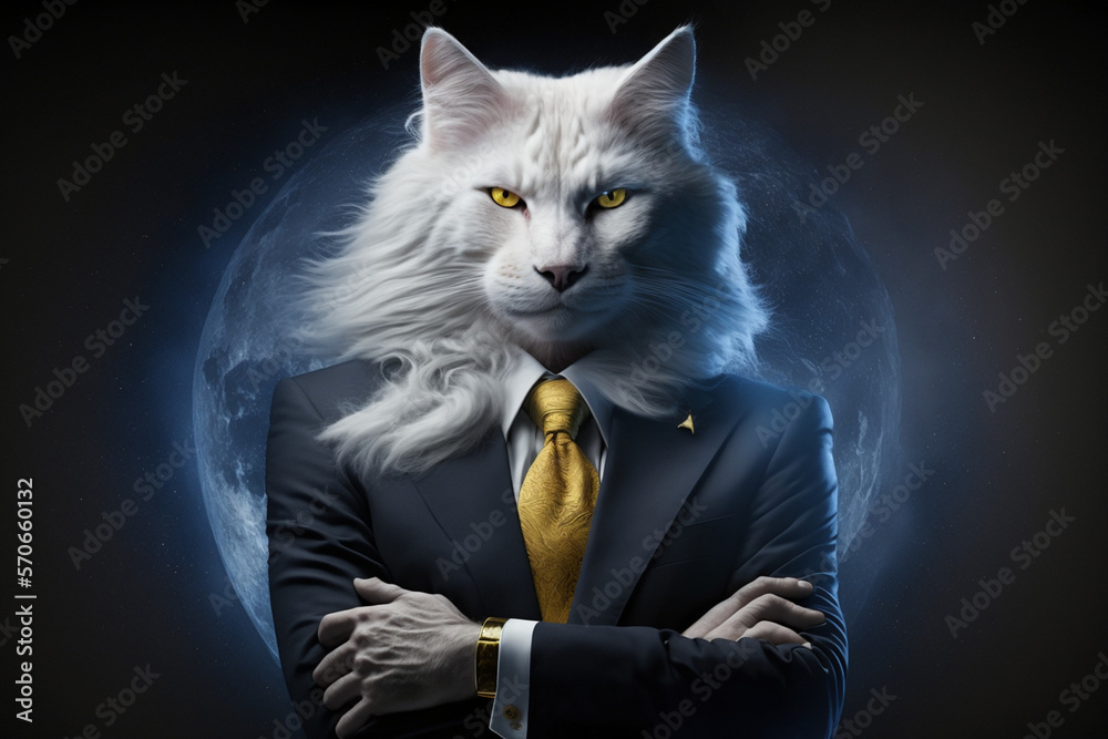 Realistic illustration of a man in formal suit with Cat head on a ...