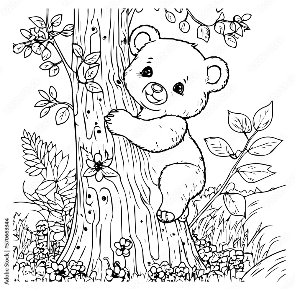 Cartoon teddy bear hugging a tree on a white background for coloring ...