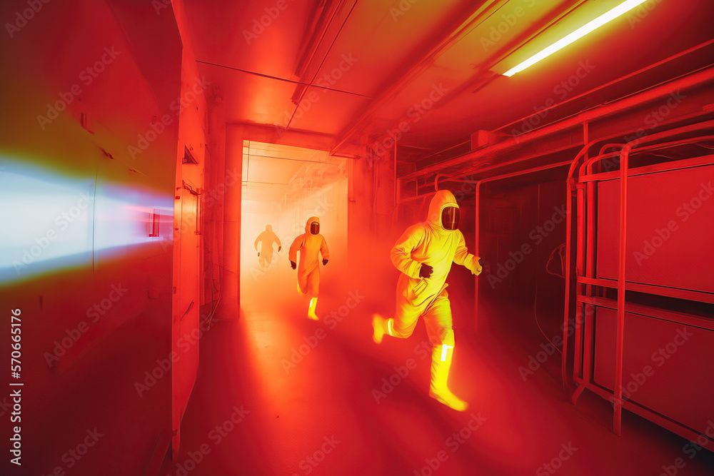 Illustration of a men in orange biohazard protective suit and gas mask ...