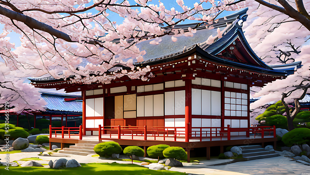 Japanese Architecture House surrounded by Sakura Blossoms, Generative ...