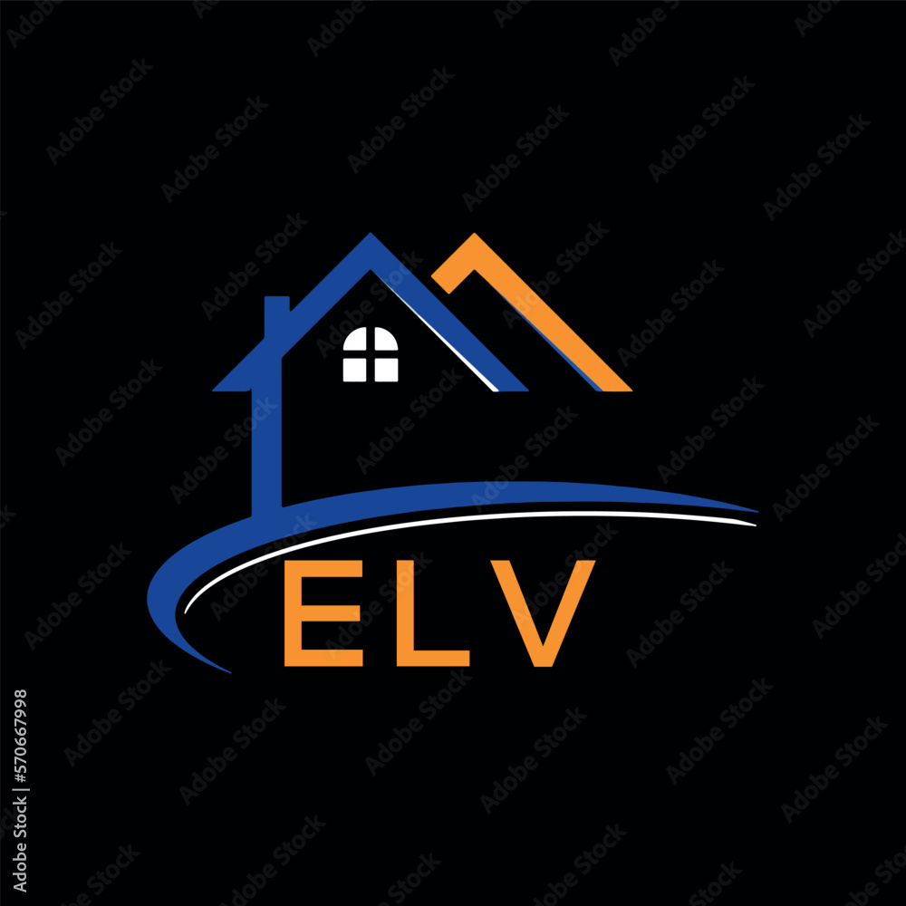 ELV house logo, letter logo. ELV blue image on black background and ...