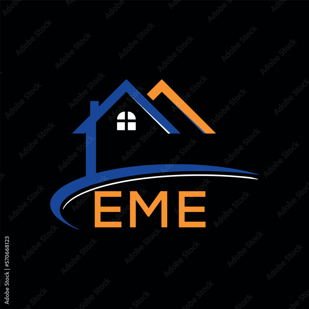 EME house logo, letter logo. EME blue image on black background and ...
