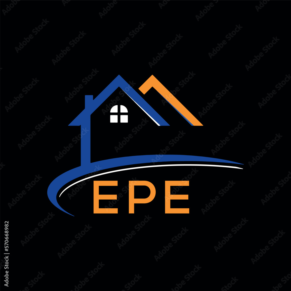 EPE house logo, letter logo. EPE blue image on black background and ...