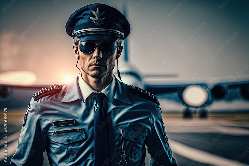 Close up portrait of an airliner pilot male wearing blue flight uniform ...