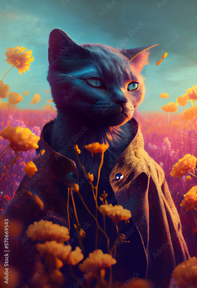 cat as a fashion model in flowers field created by generative ai Stock ...