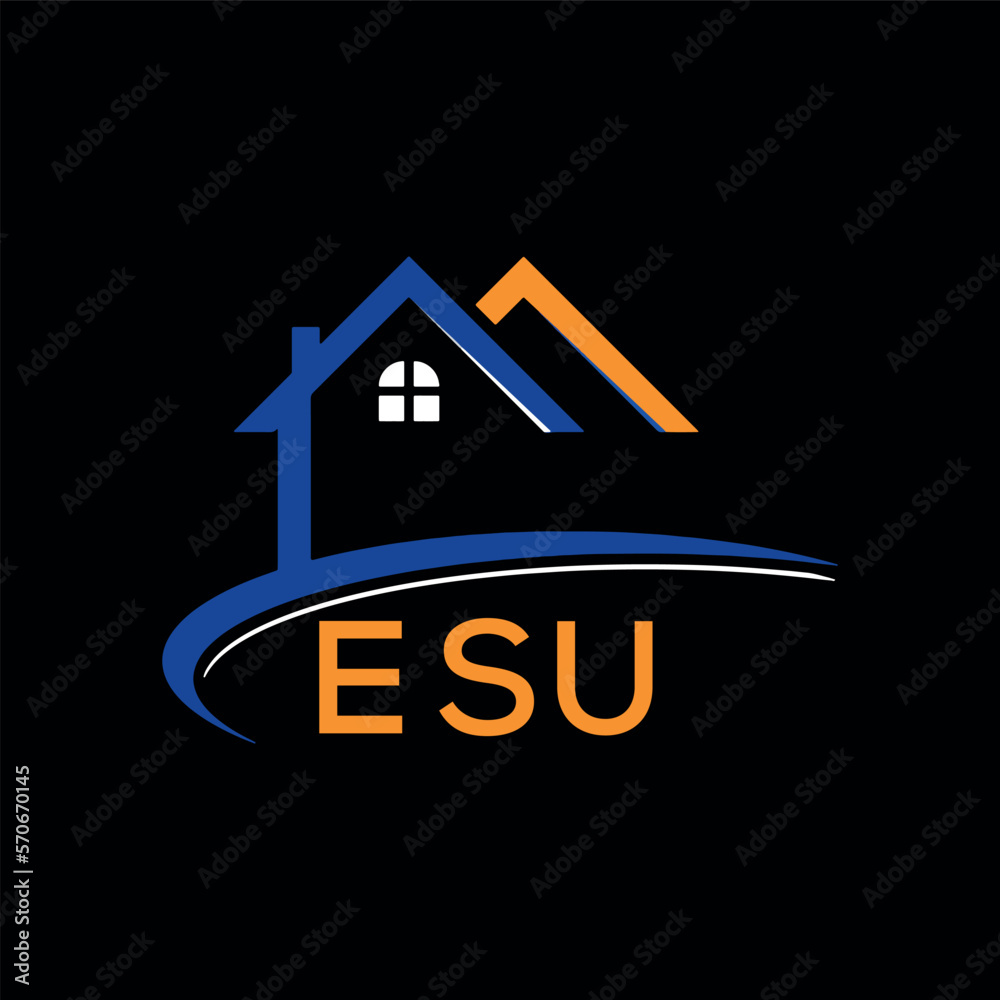 ESU house logo, letter logo. ESU blue image on black background and ...