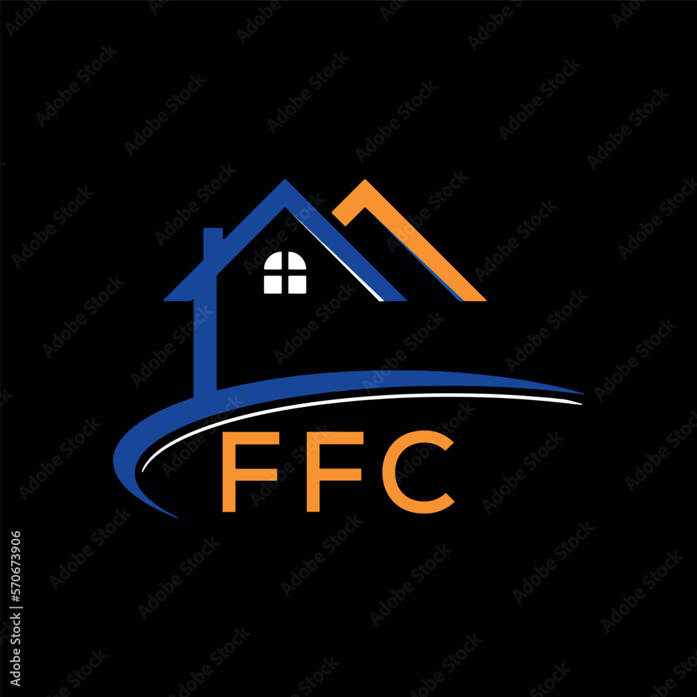 FFC house logo, letter logo. FFC blue image on black background and ...
