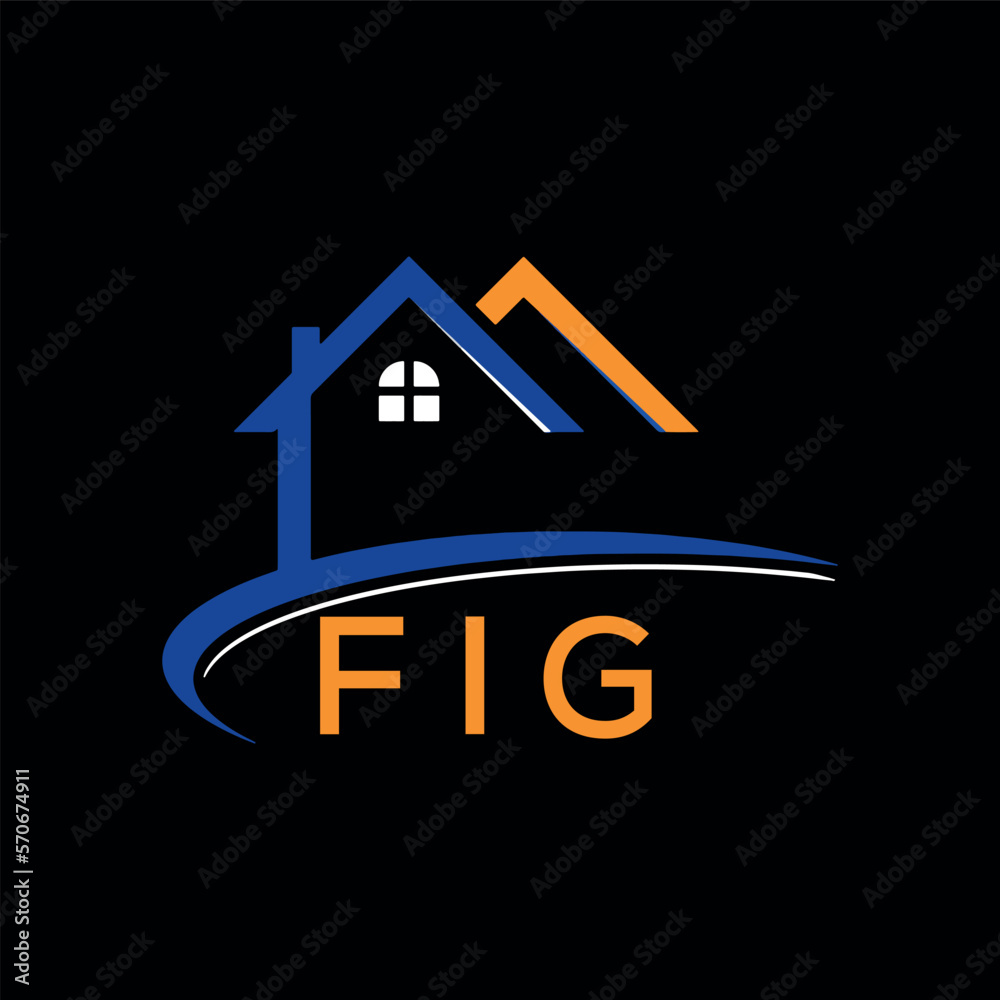 FIG house logo, letter logo. FIG blue image on black background and ...