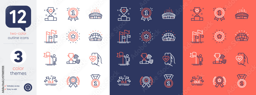 Set of Best rank, Ole chant and Winner cup line icons. Include Arena ...