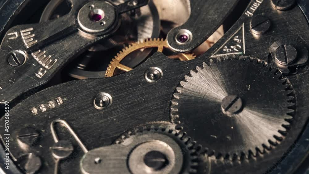 Timelapse of mechanism of vintage stopwatch with rotation close-up ...
