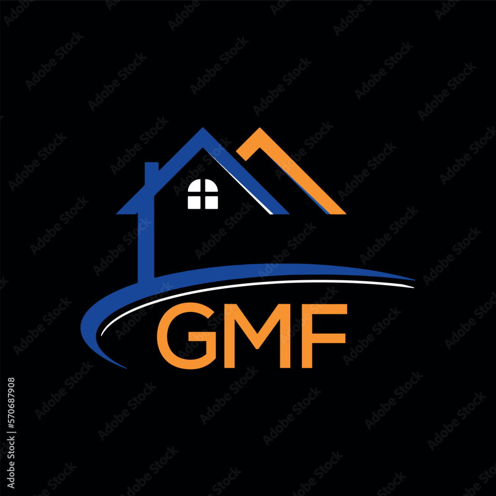 GMF house logo, letter logo. GMF blue image on black background and ...
