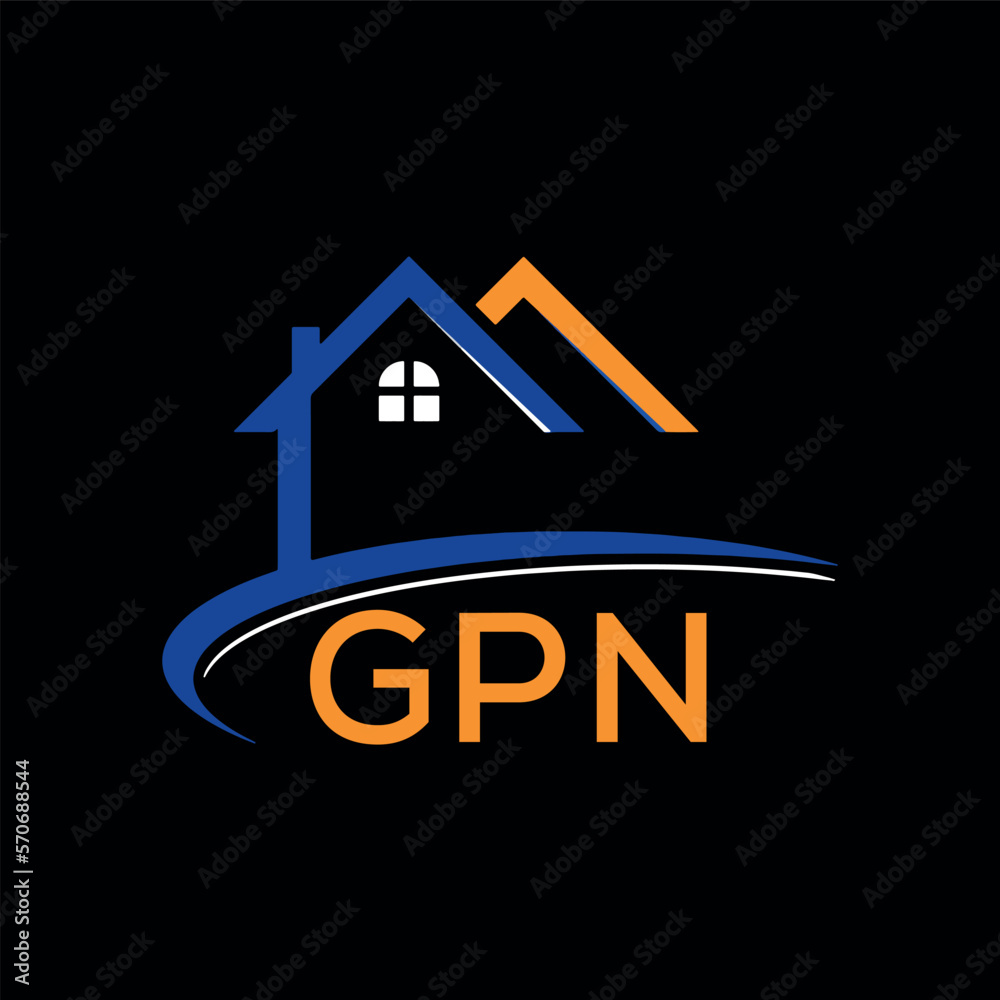 GPN house logo, letter logo. GPN blue image on black background and ...