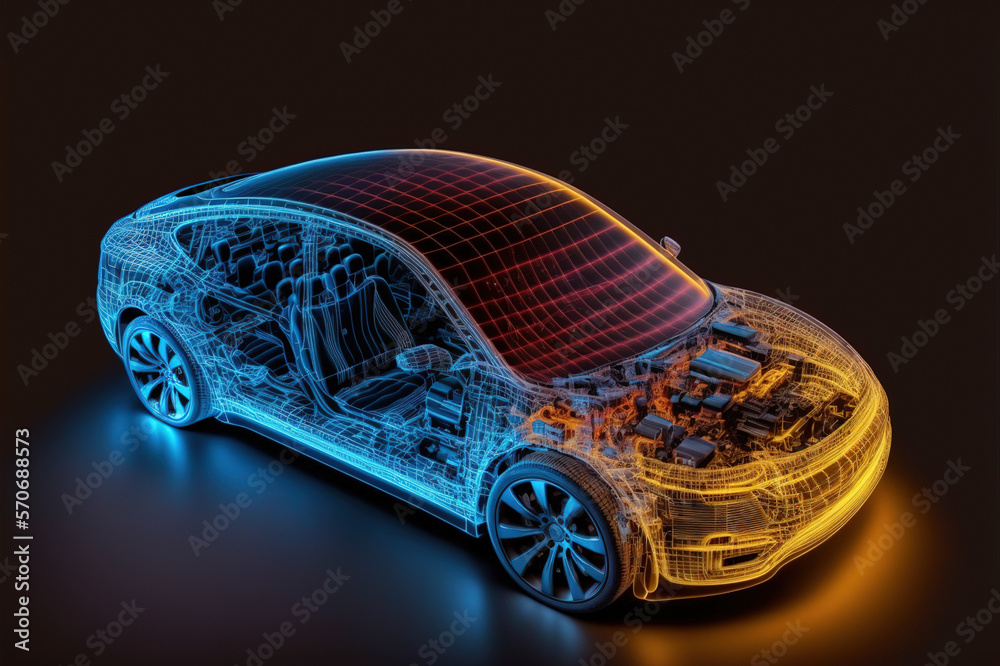 Virtual simulation of future electric car showing wireframe prototype model blueprint in display ...