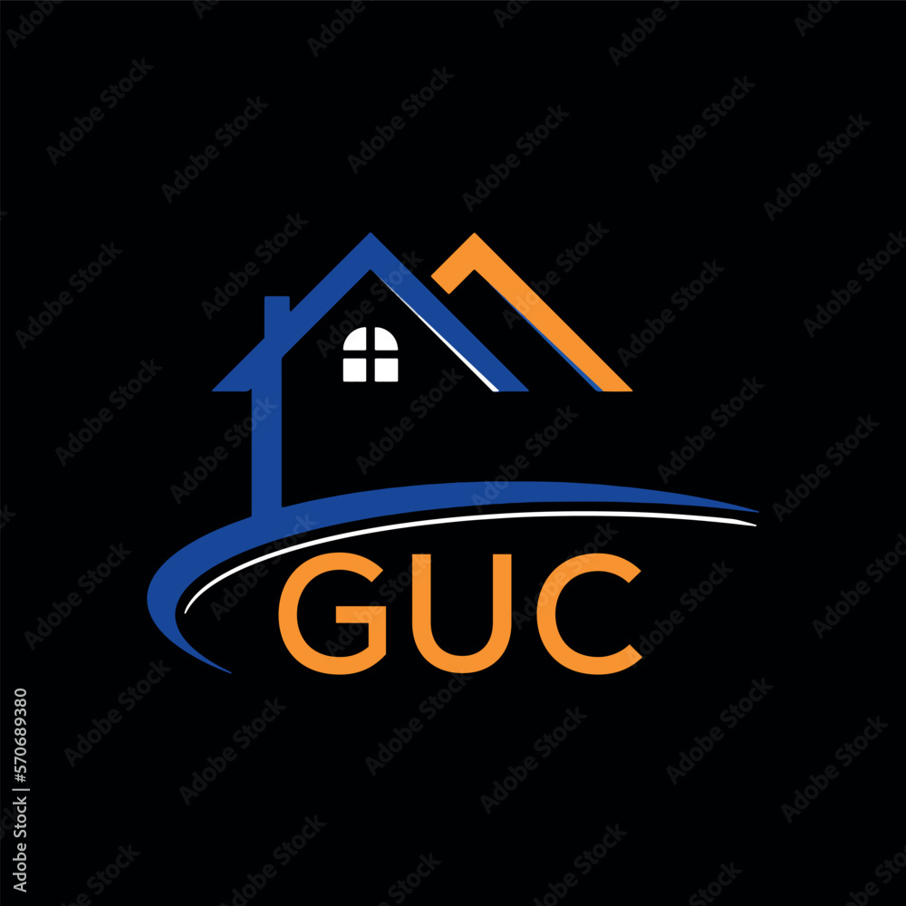 GUC house logo, letter logo. GUC blue image on black background and ...