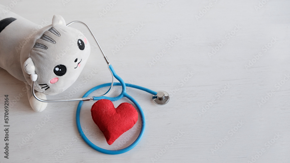 Heart soft toy and stethoscope on a light background. Children's first ...