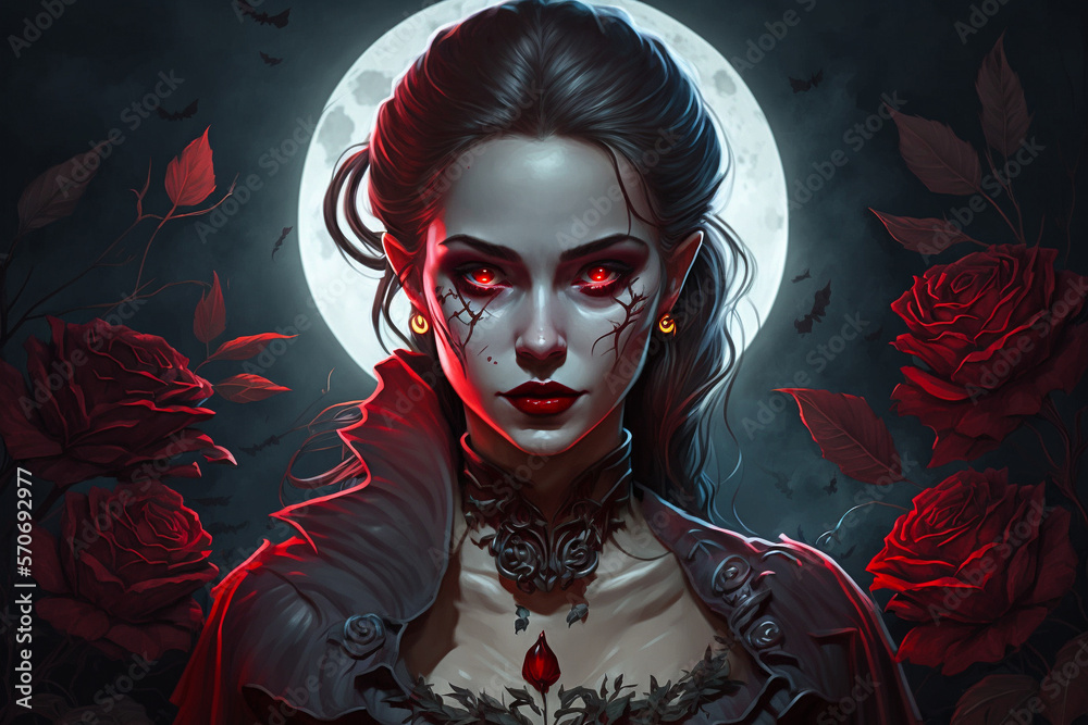 vampire woman in a red dress, in a dark forest and roses, cartoon style ...