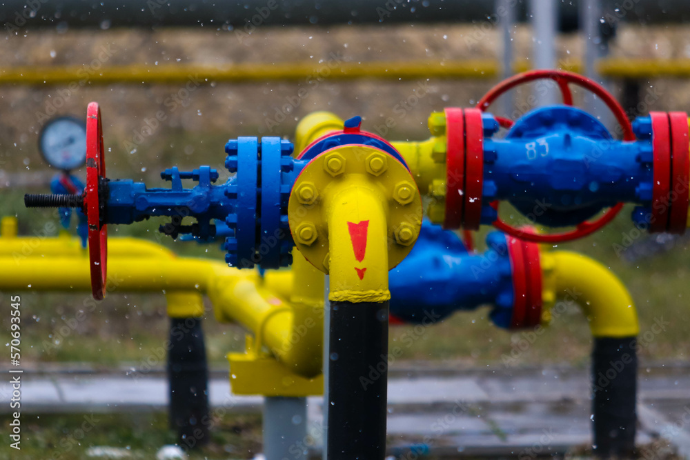 Pipes, taps and a valve for shutting off gas supply at a gas compressor ...
