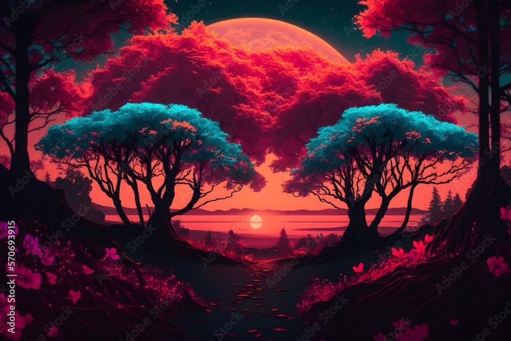 Beautiful forest landscape with a sunset synthwave style | Ai Generated ...