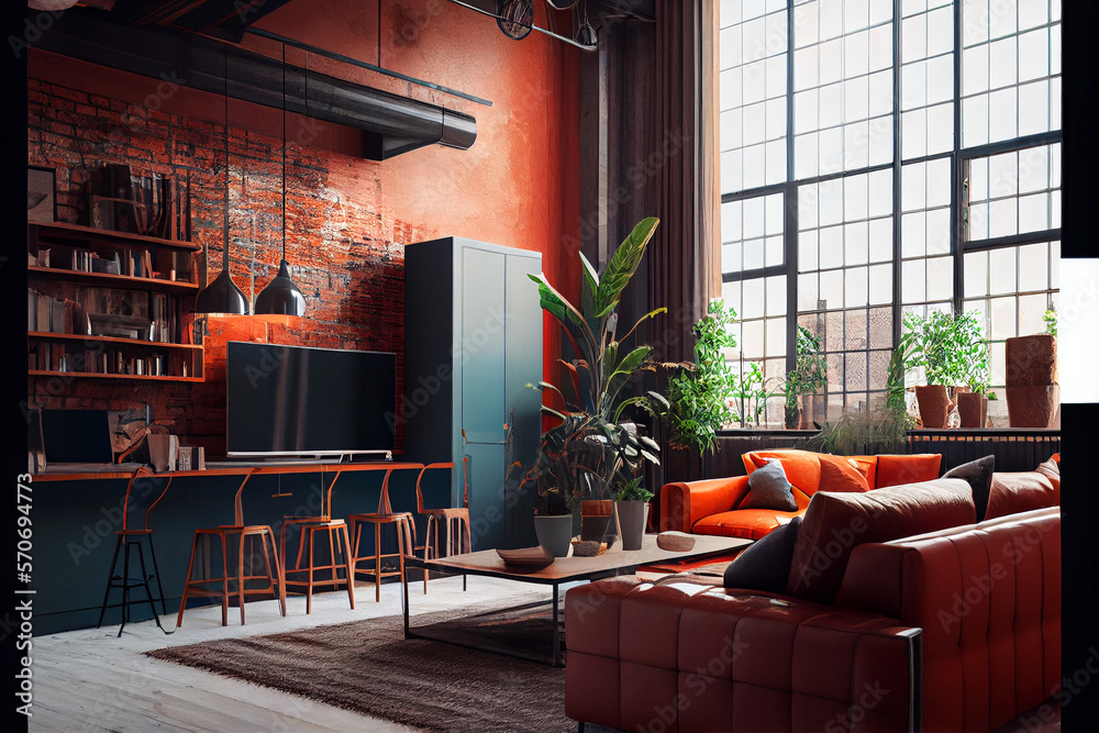 Rust Modern living room with high ceiling, sofa, empty brown brick wall ...
