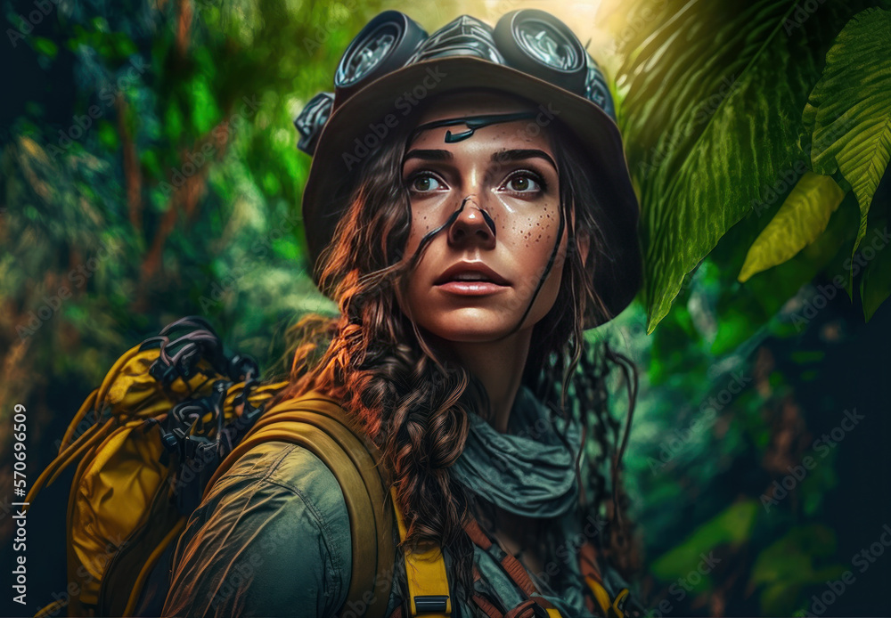 Photo & Art Print Aventurera explorando en la selva, misión científica ...