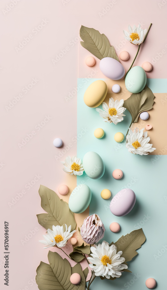 Minimalist, modern Easter background with flowers and Easter eggs in ...