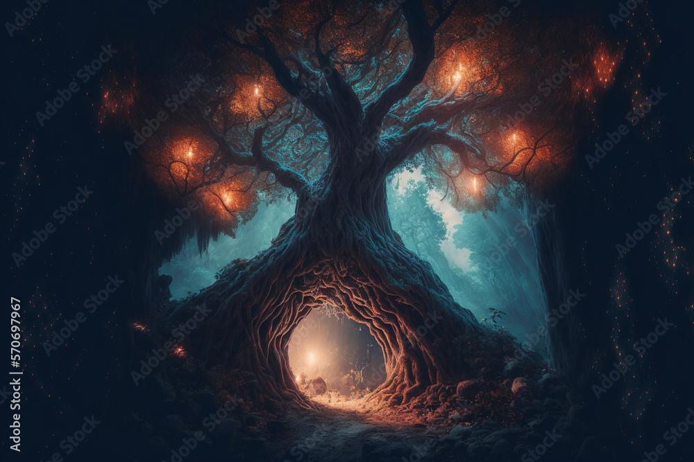 Sacred fantasy tree of life with afterlife portal gate leading to ...