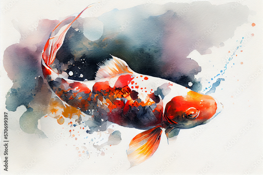 Watercolor illustration of Koi Carp fish on white background with a ...