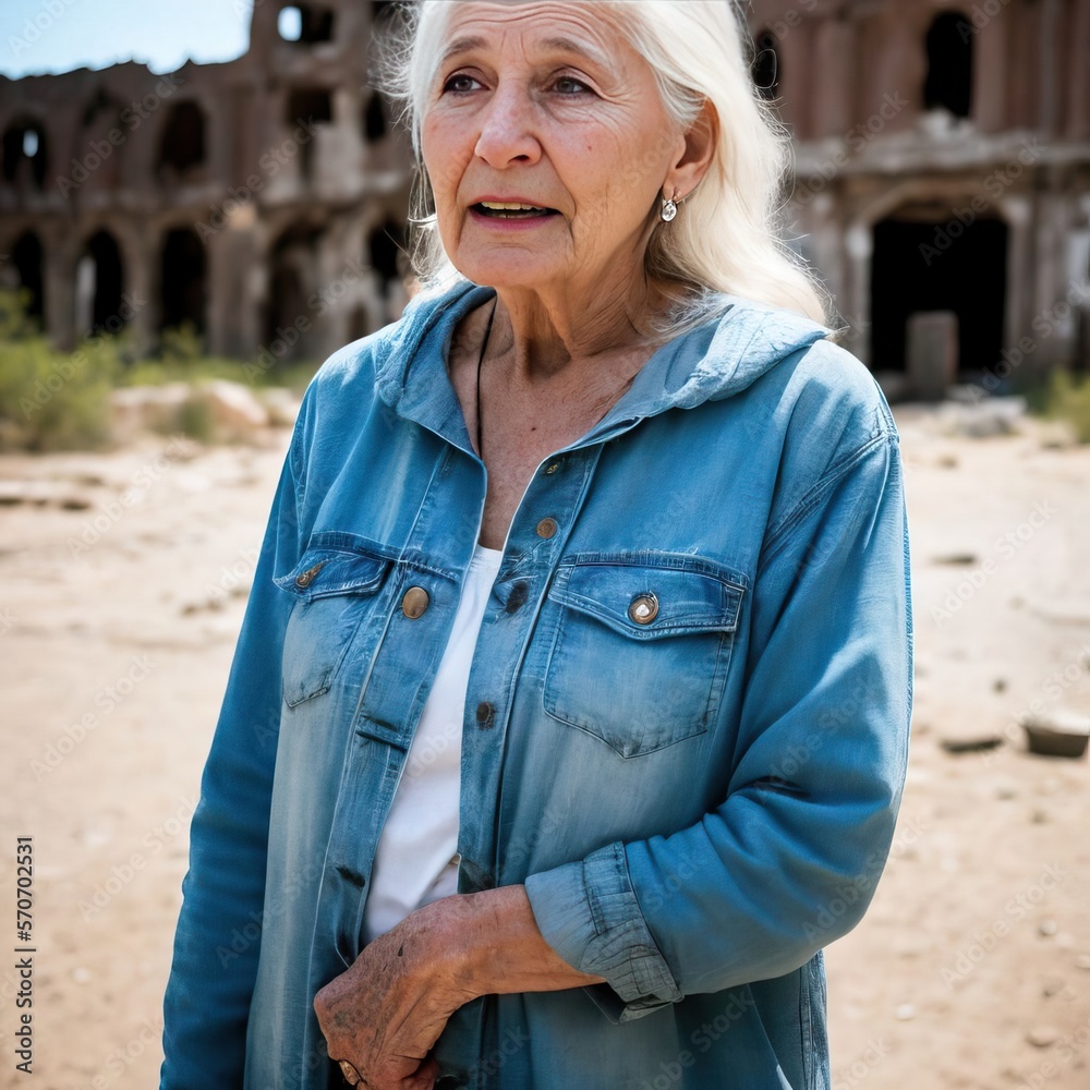 Old woman stand in destroyed town by the earthquake or war. Tragic ...