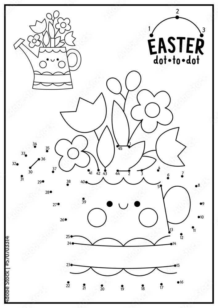 Vector Easter dot-to-dot and color activity with cute kawaii watering ...