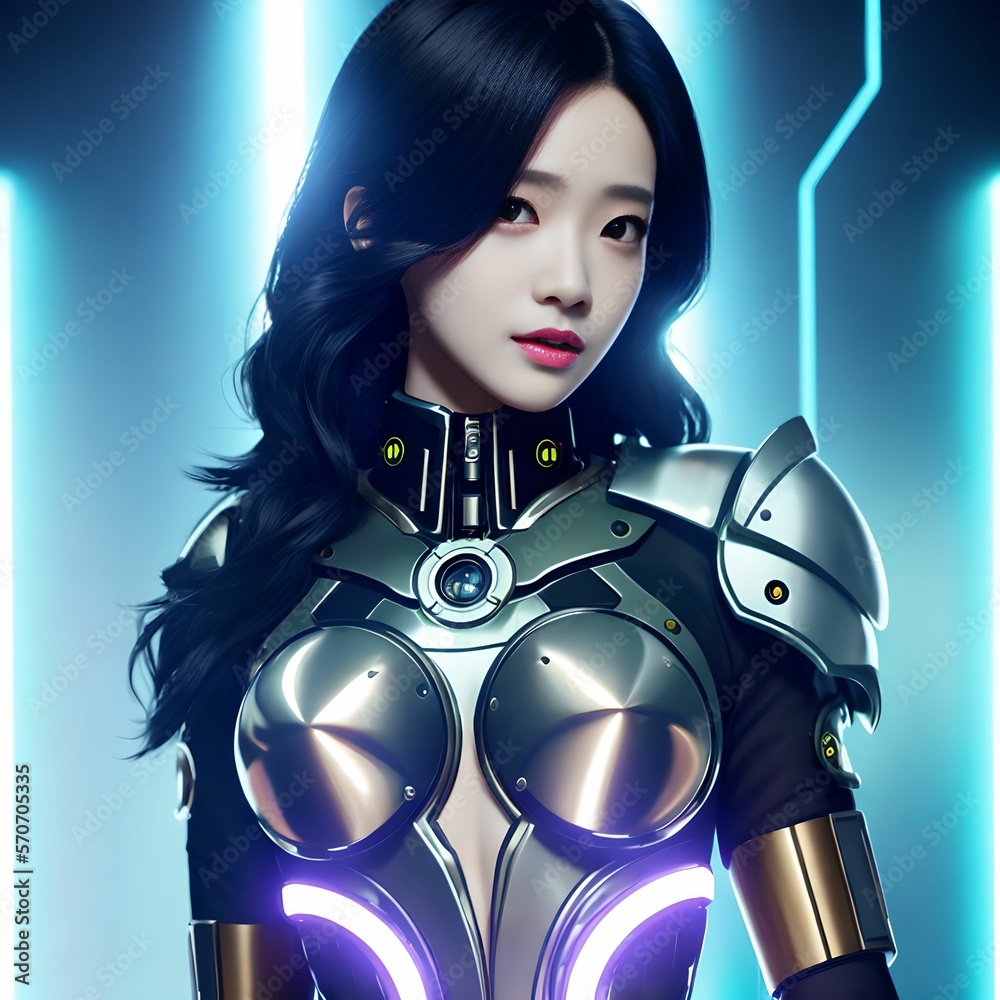 cyberpunk future asian woman in robot suit with neon light, generative art by A.I. Stock ...