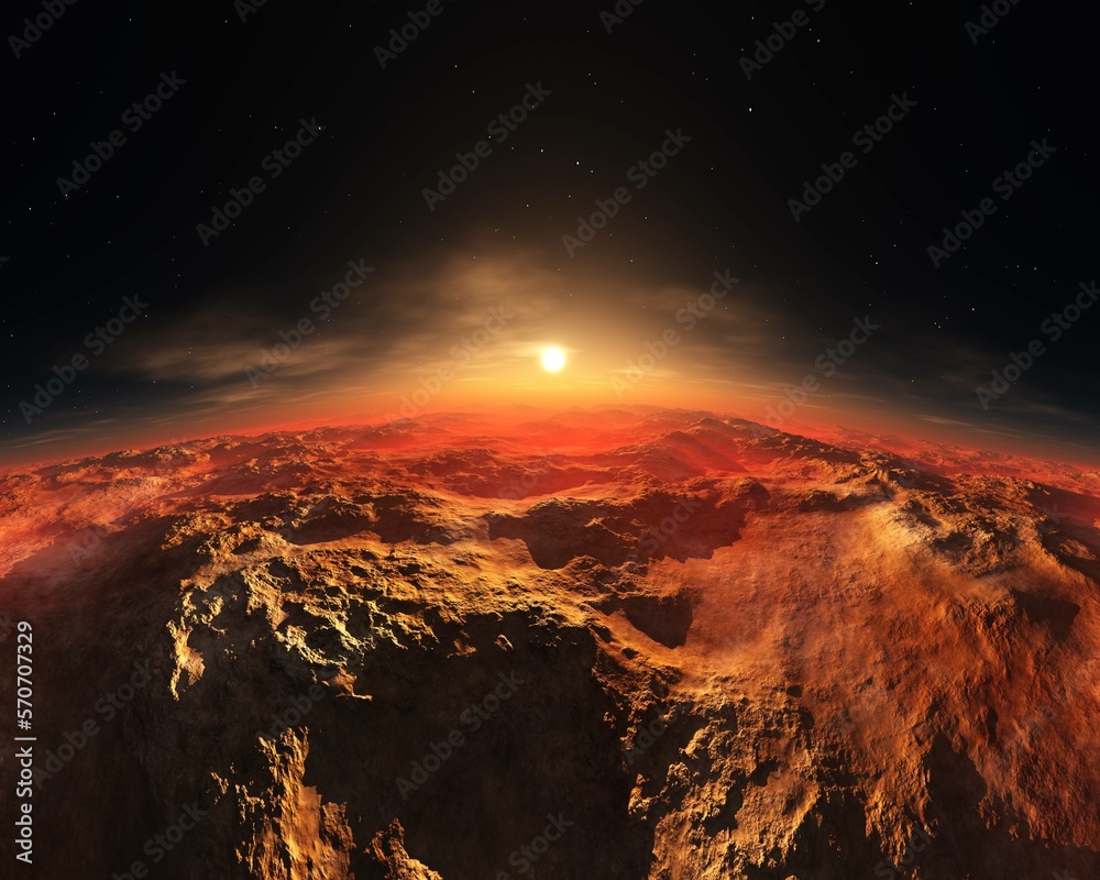 Martian landscape, sunset on Mars, Mars at sunrise, panorama of Mars ...