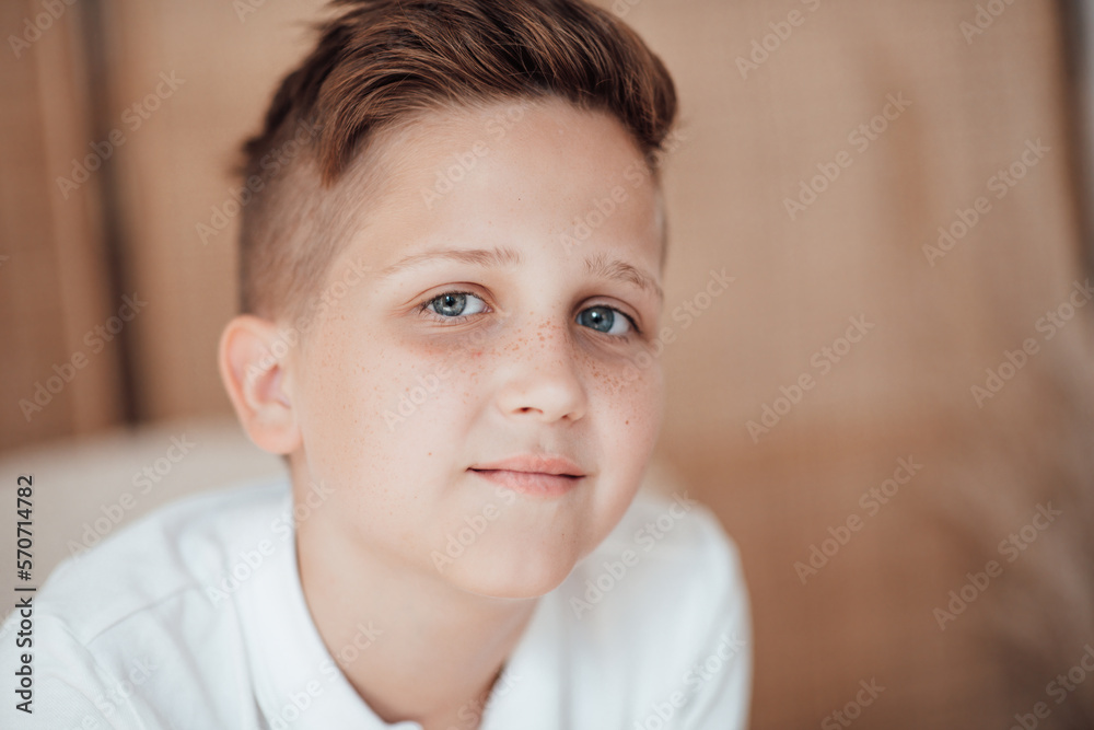 Portrait of candid authentic friendly zoomer white boy looking at ...