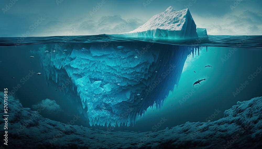 a large iceberg floating in the ocean with a bird flying over the ...