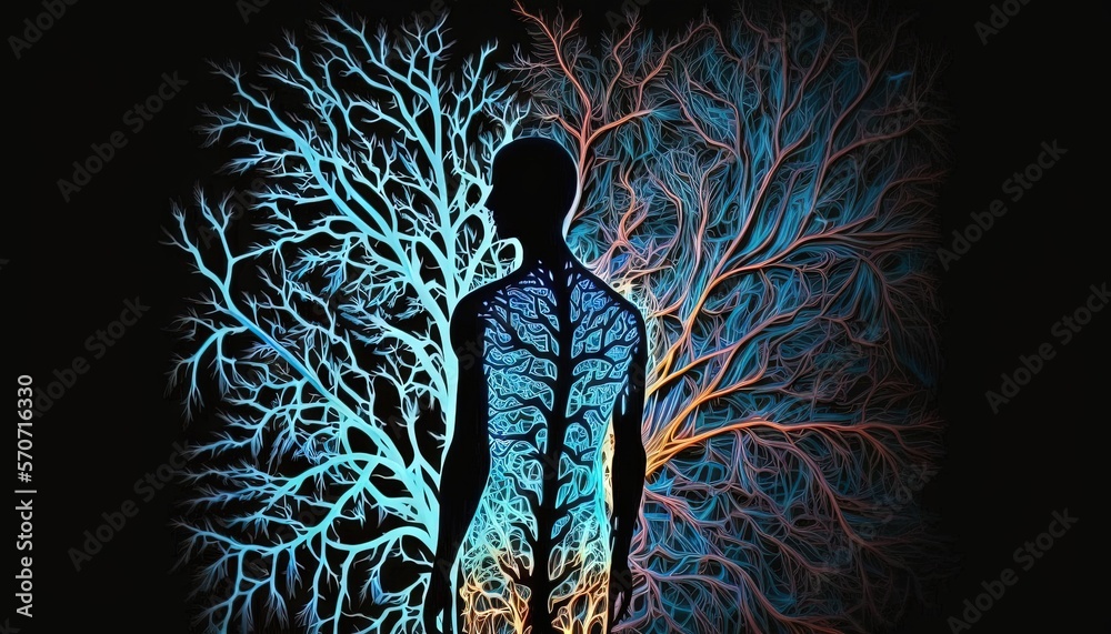 a person standing in front of a tree with a blue light on it's trunk ...
