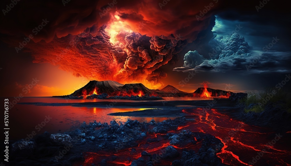 a volcano spewing lava and lava in the sky with a red glow coming out ...