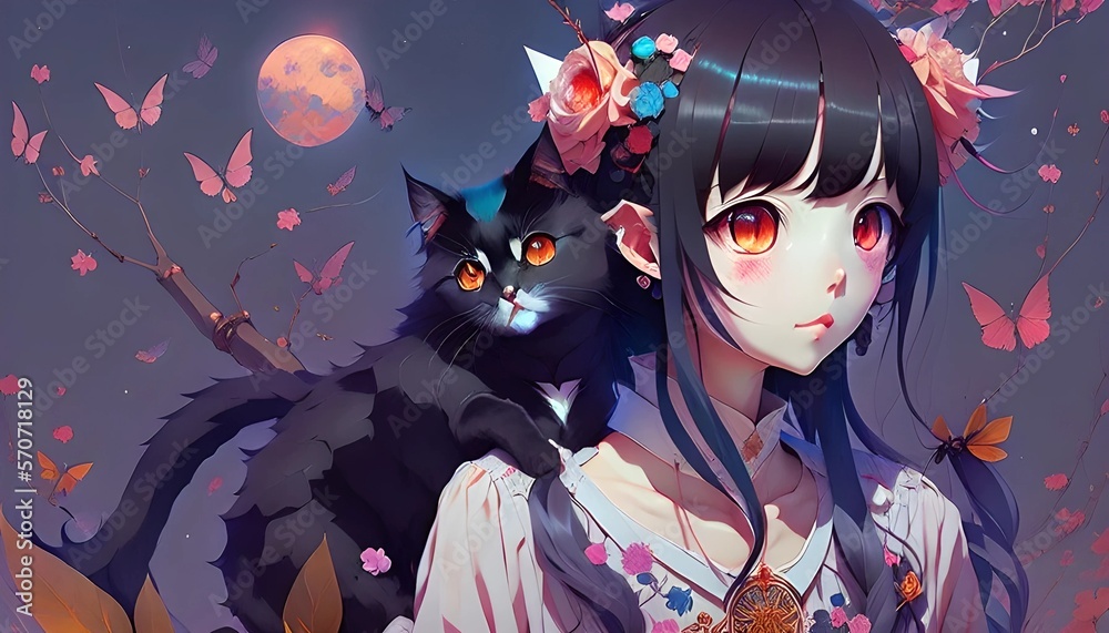 An Anime Girl With Black Hair And Cat Fantasy Digital Art Butterflies
