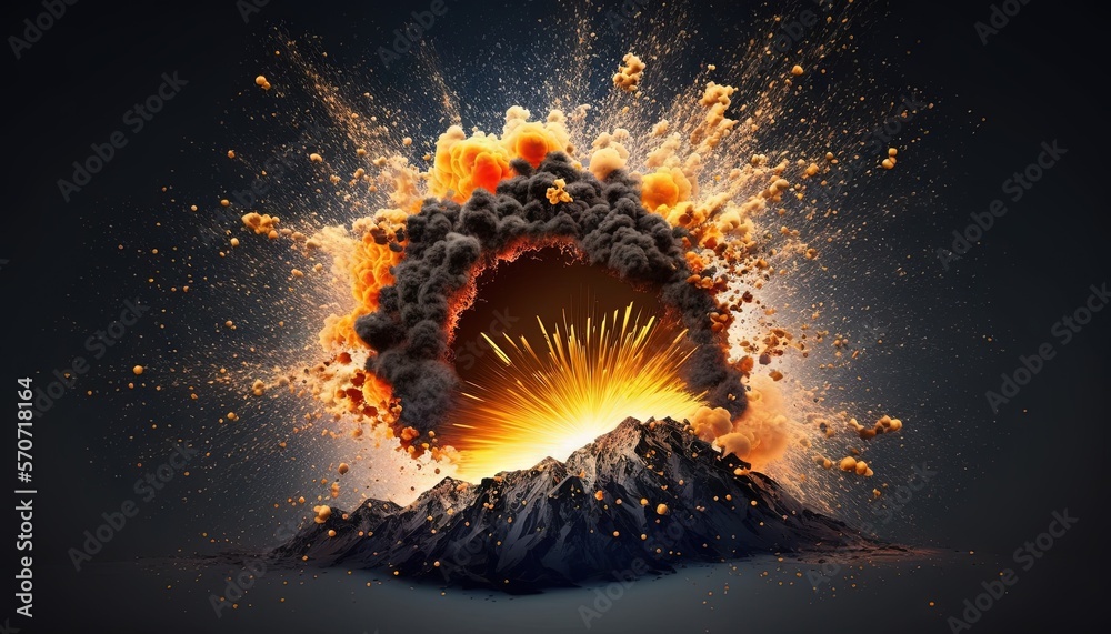 a volcano exploding with a black background and yellow and orange smoke ...