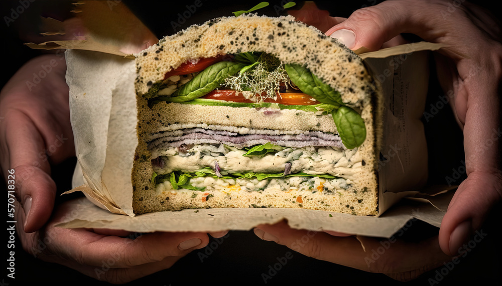 a person holding a sandwich in their hands with a sandwich in the ...
