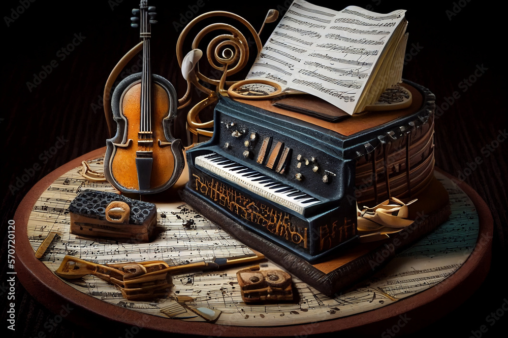 photo of a birthday cake for a musician with music notes, instruments ...