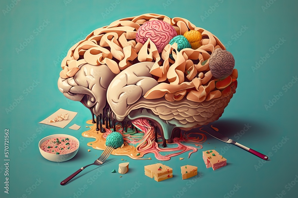 Food in a shape of a brain on a blue background. Nutrition concept ...